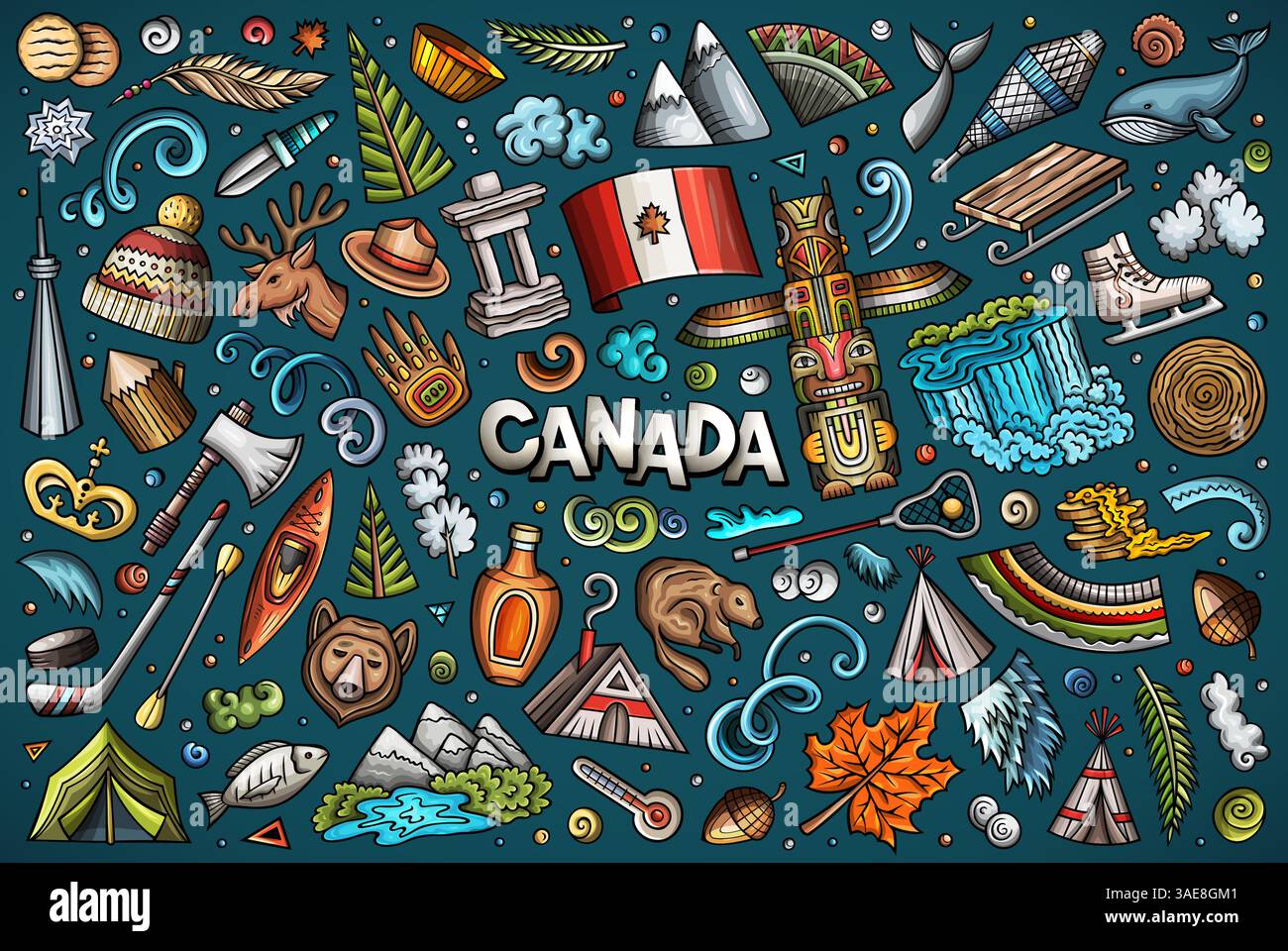 Cartoon vector doodle set of Canadian traditional symbols, items and ...