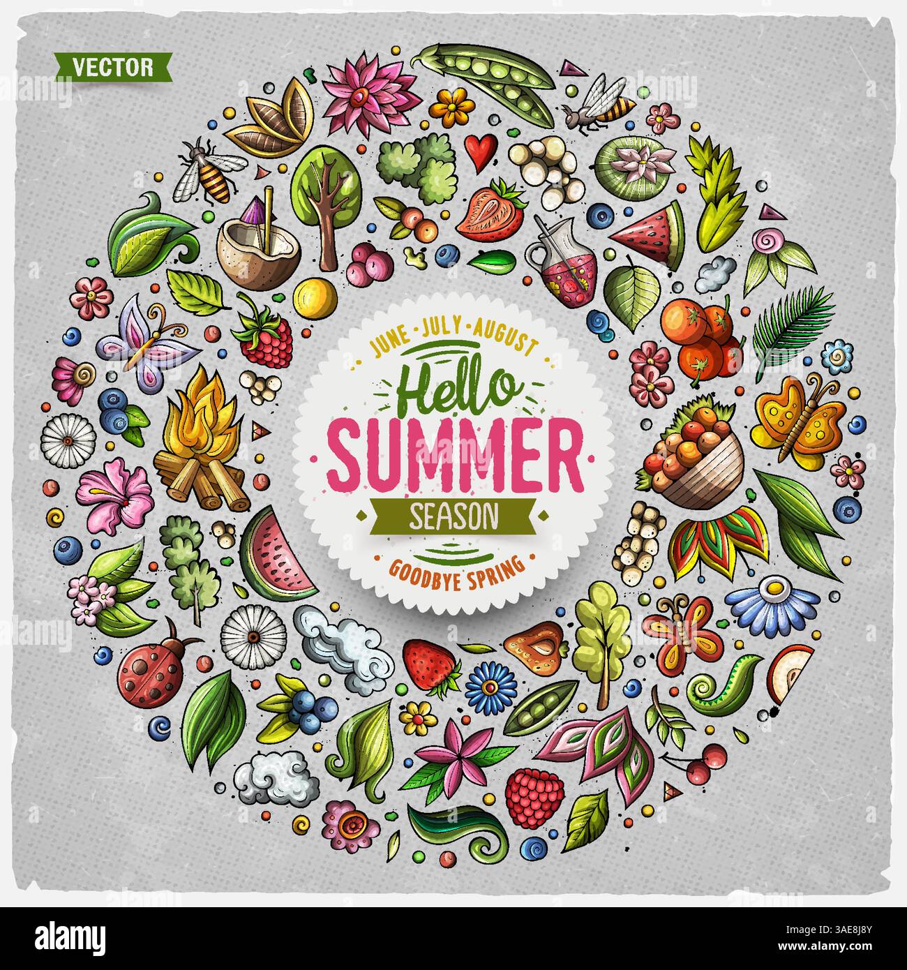 Set of Summer Nature cartoon doodle objects. Round frame composition ...