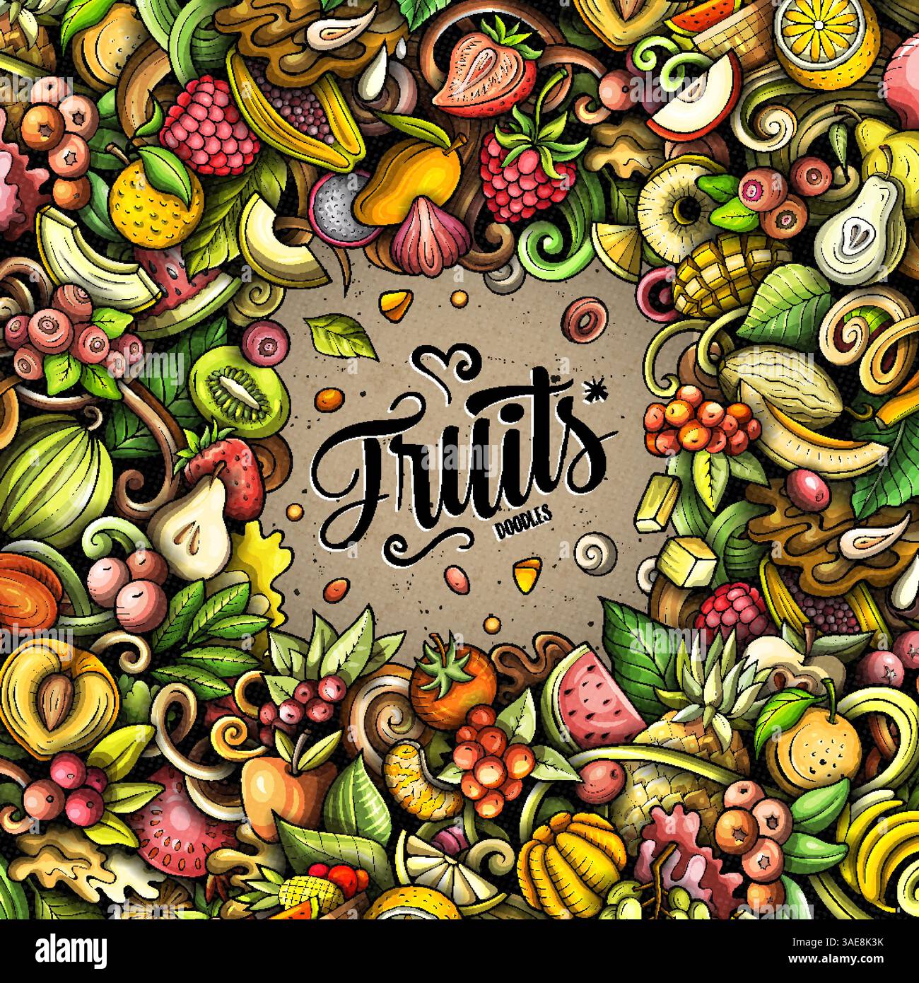 Fresh Fruits cartoon vector doodles frame illustration. Nature food ...