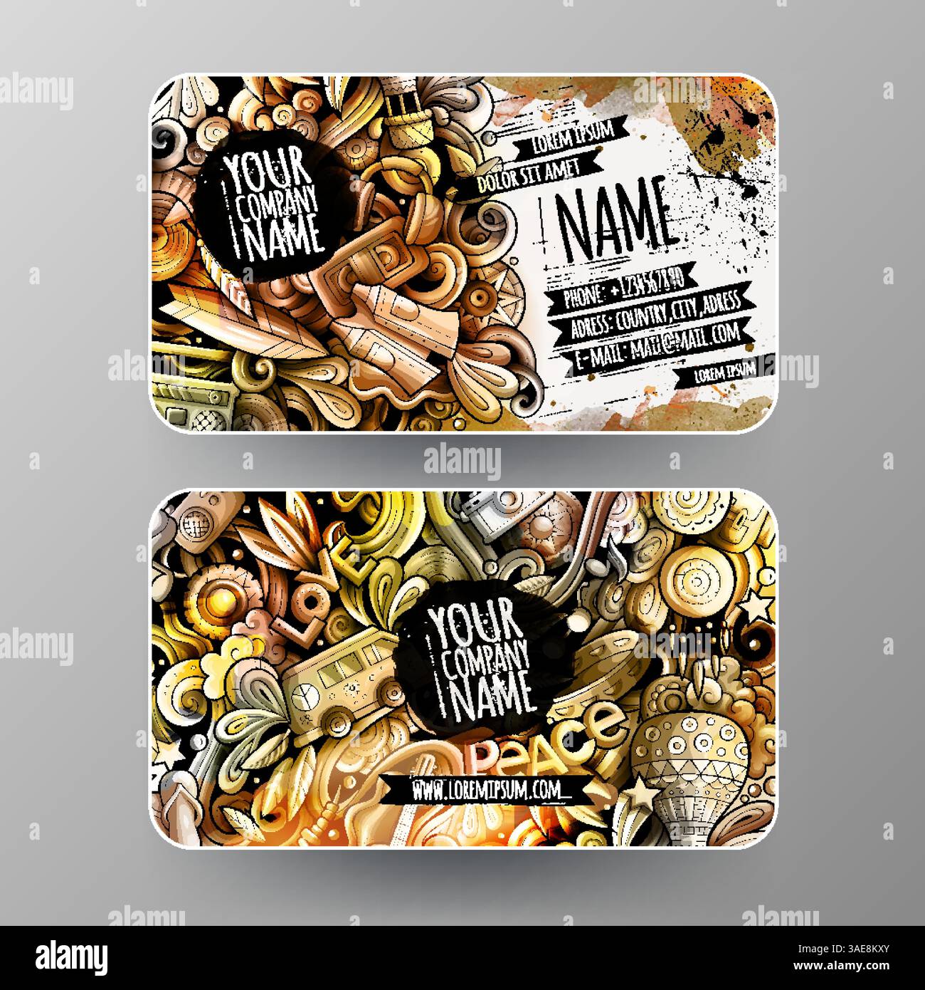 Hippie hand drawn doodles id cards design. Hippy objects and elements ...