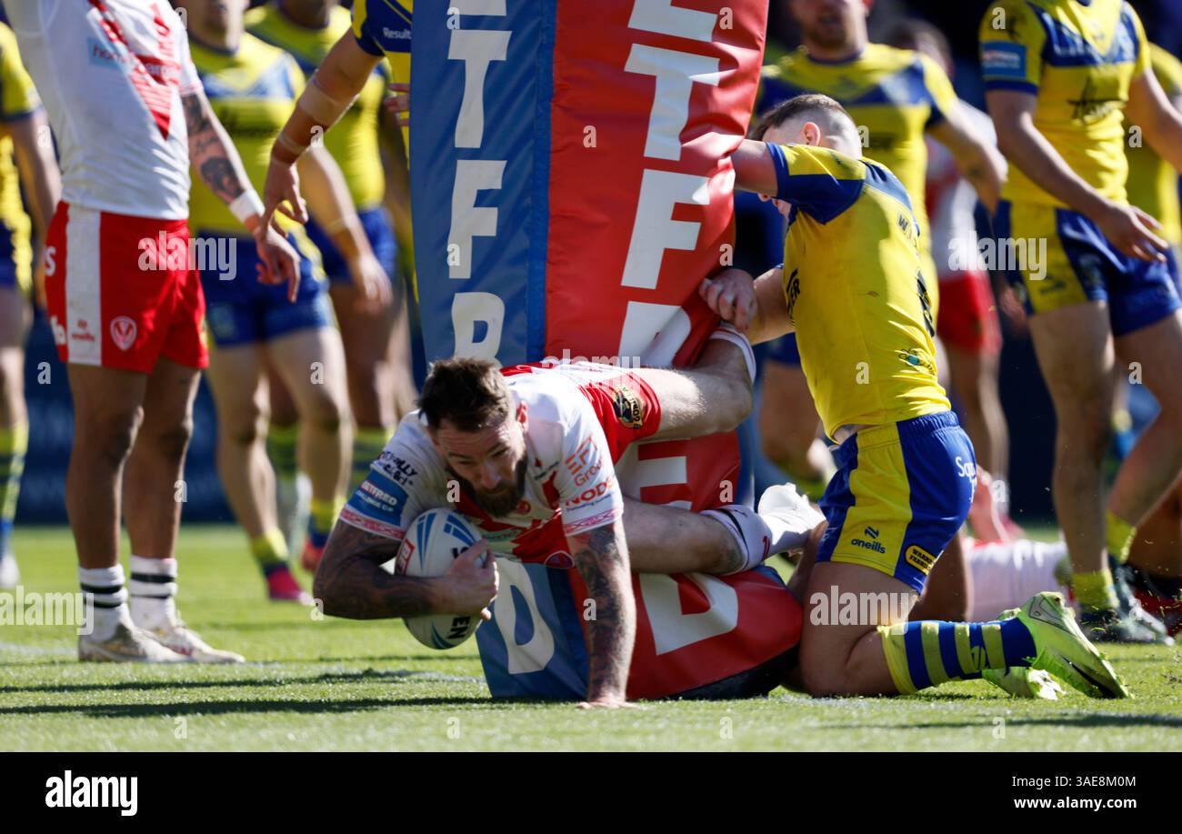 St Helens' Daryl Clark scores a try during the Betfred Challenge Cup ...