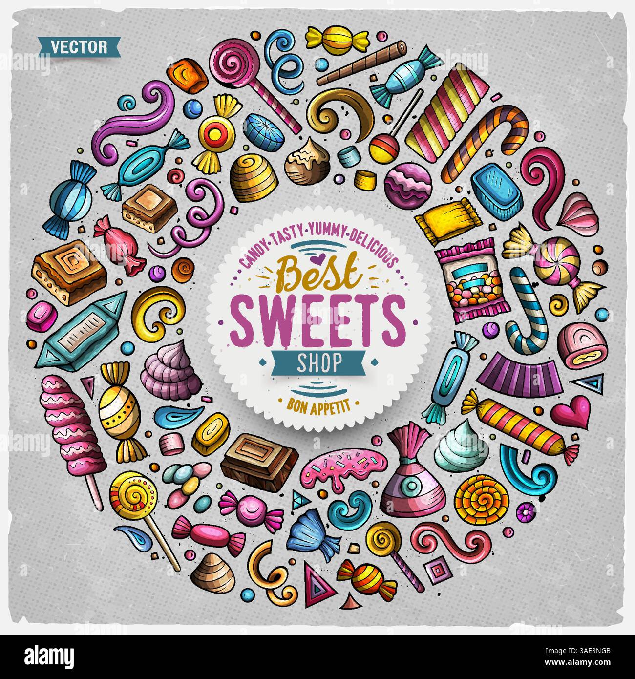 Colorful vector set of Candies cartoon doodle objects, symbols and ...