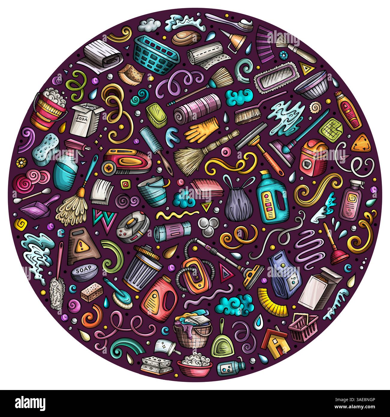 Colorful vector set of Cleaning cartoon doodle objects, symbols and ...