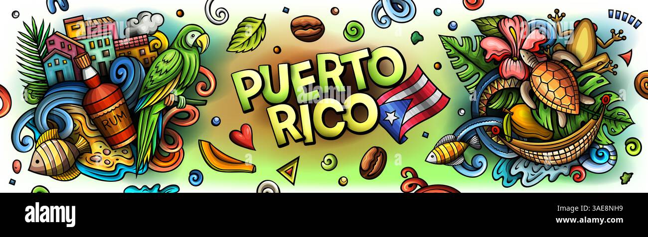 Puerto Rico cartoon doodle vector color banner design. Funny Puerto ...