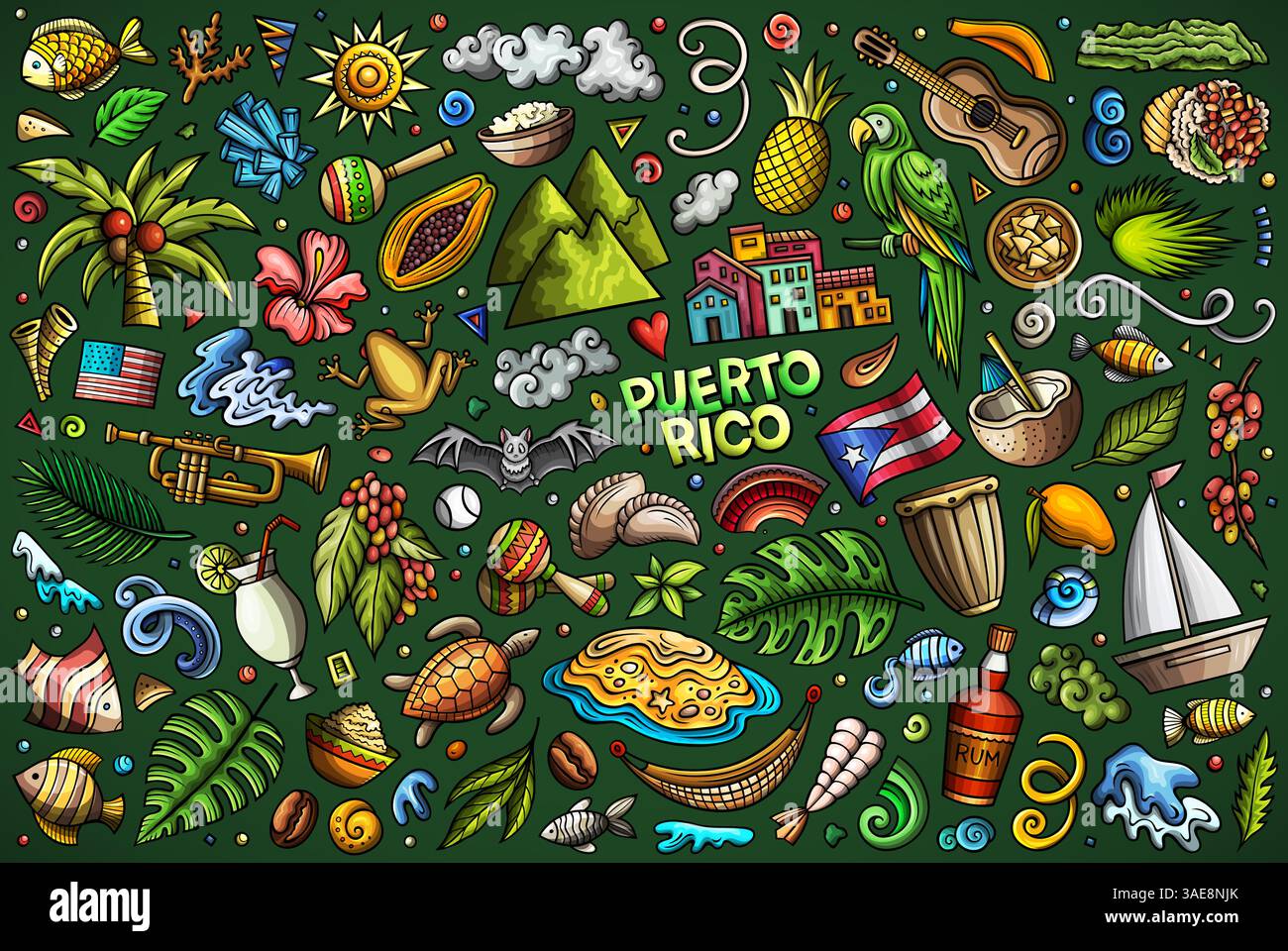 Cartoon vector doodle set of PUERTO RICO traditional symbols, items and objects Stock Vector ...