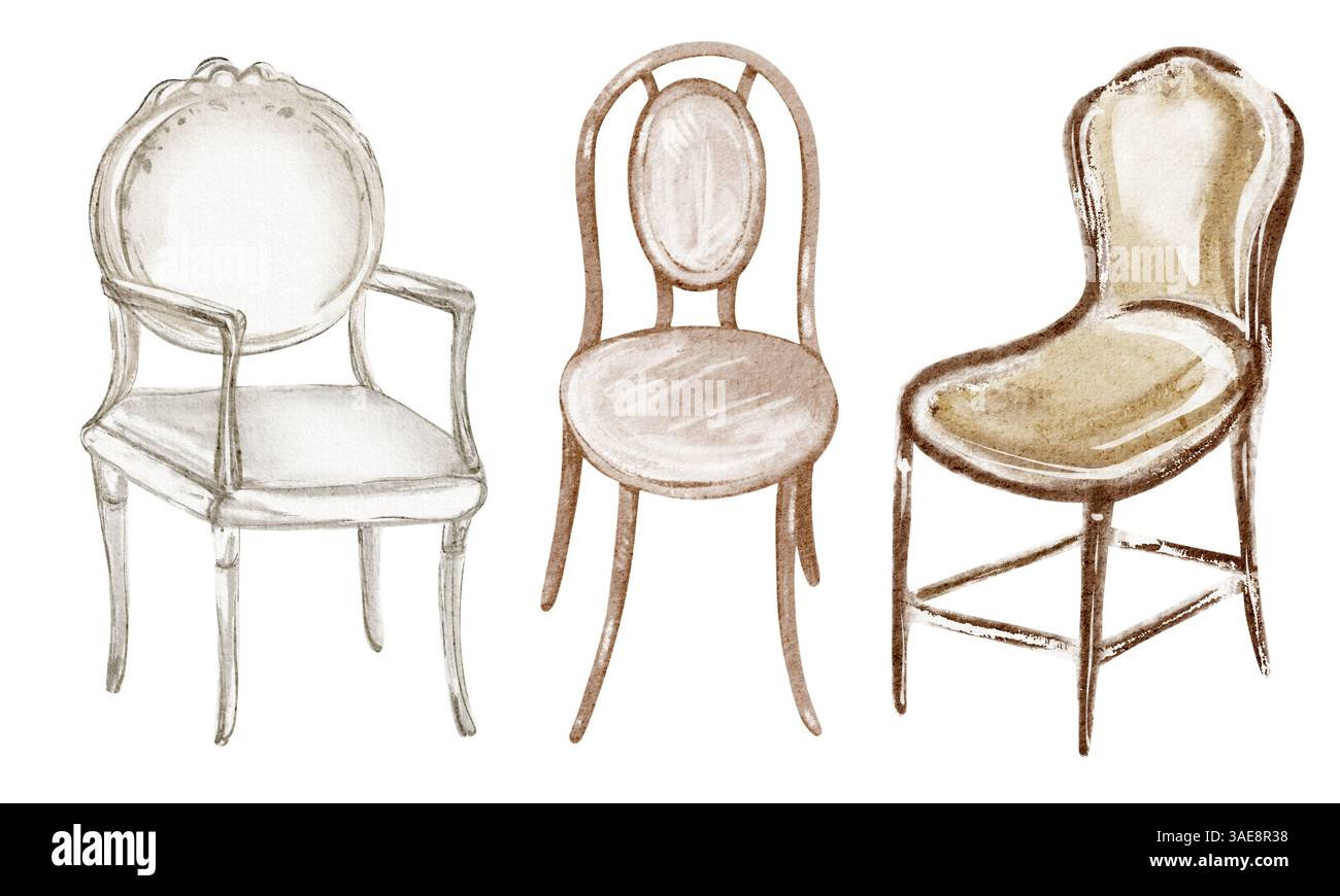 Watercolor illustration of an antique wooden chair. Drawing Victorian ...