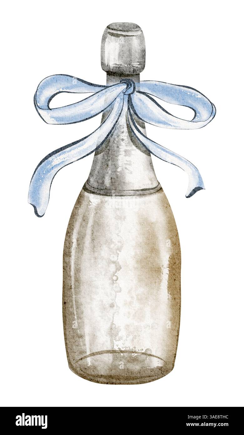 Watercolor illustration of a Champagne bottle with a tied ribbon. Hand ...