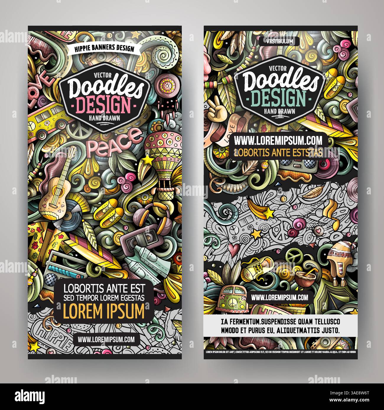 Hippie hand drawn doodle banners set. Cartoon detailed flyers Stock ...
