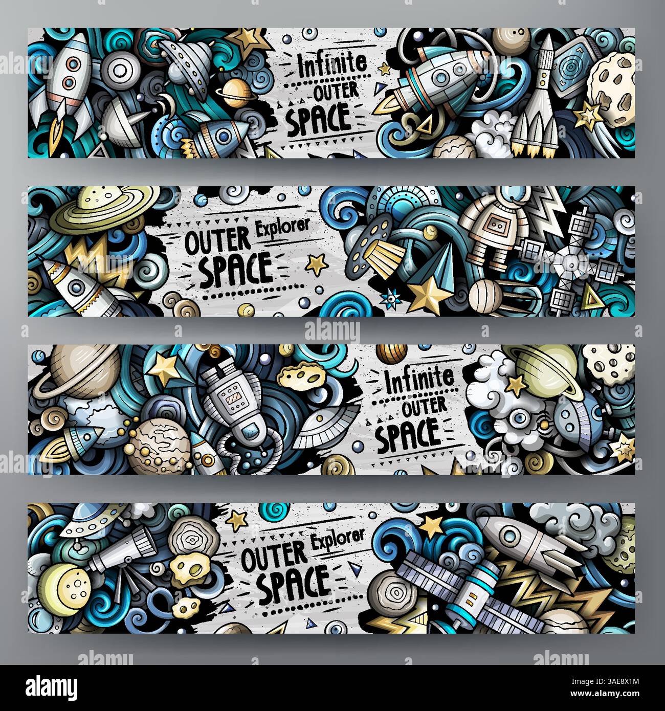 Cartoon vector doodle set of Outer Space banners Stock Vector Image ...