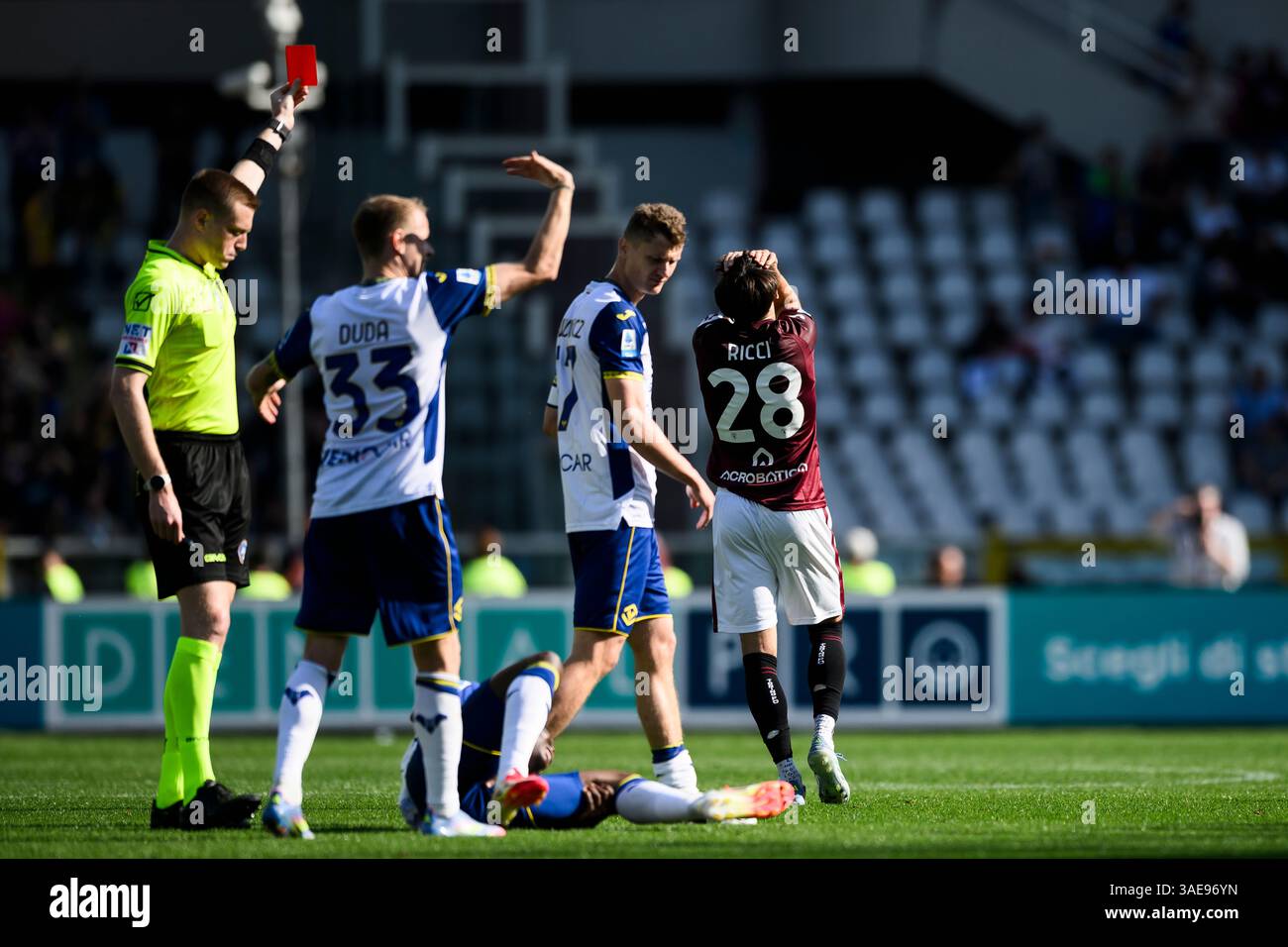 Turin, Italy. 6 April 2025. Referee Kevin Bonacina shows a red card to ...