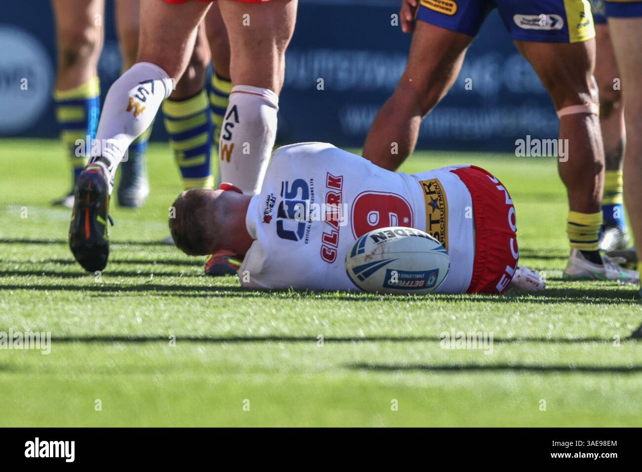 Warrington, UK. 06th Apr, 2025. Daryl Clark of St. Helens stays down ...