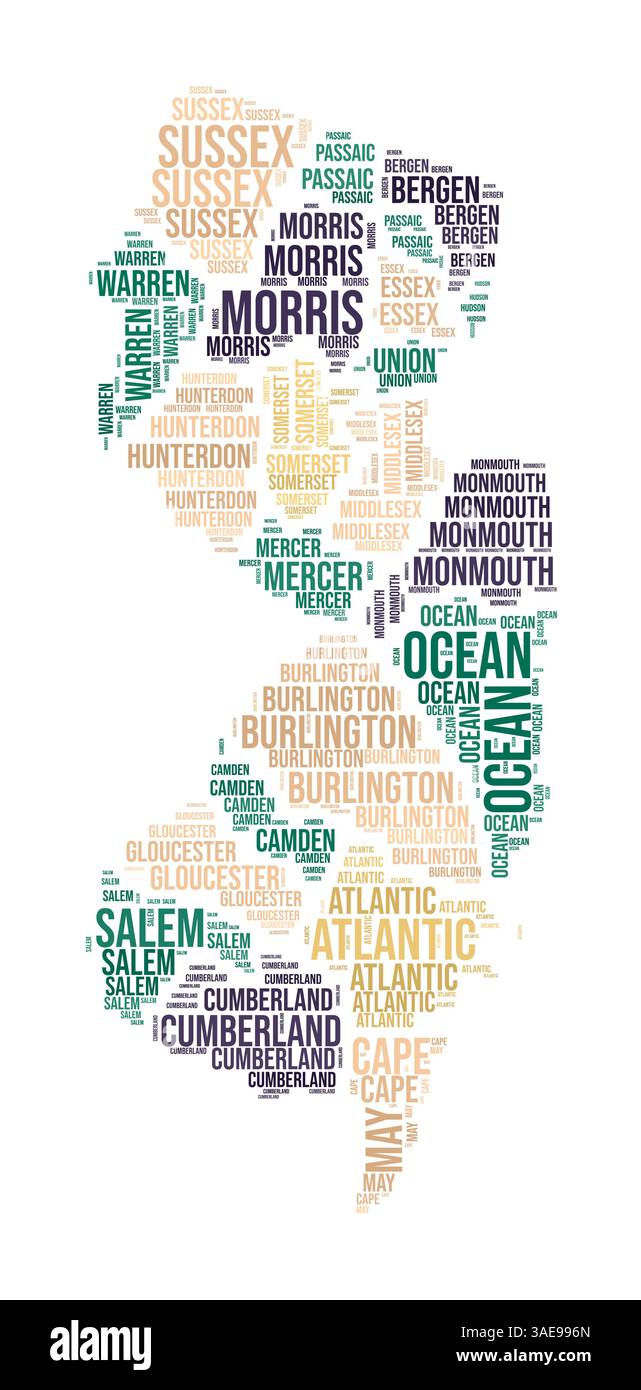 New Jersey Word Cloud. State shape with county division. New Jersey ...