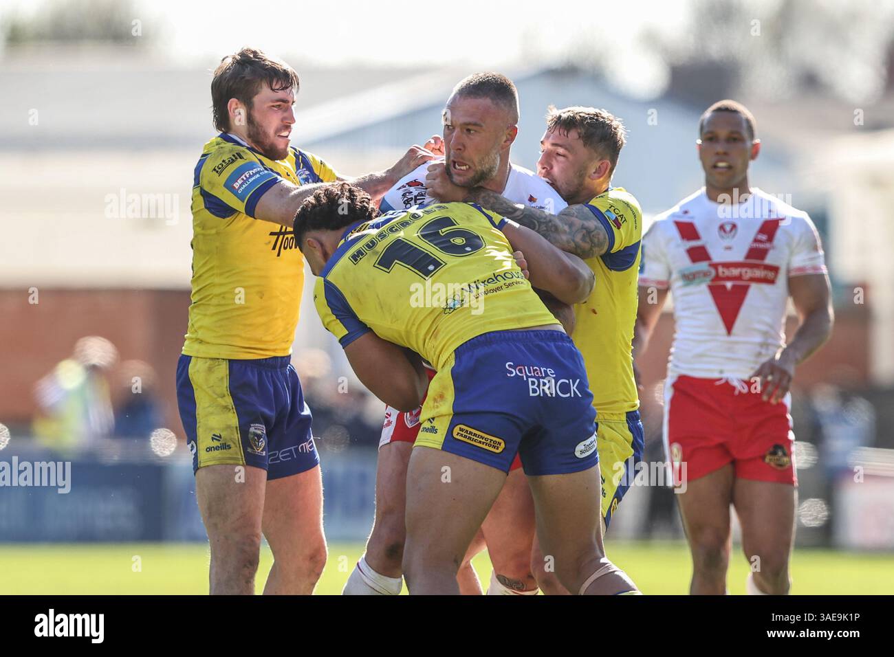 Warrington, UK. 06th Apr, 2025. Curtis Sironen of St. Helens is tackled ...