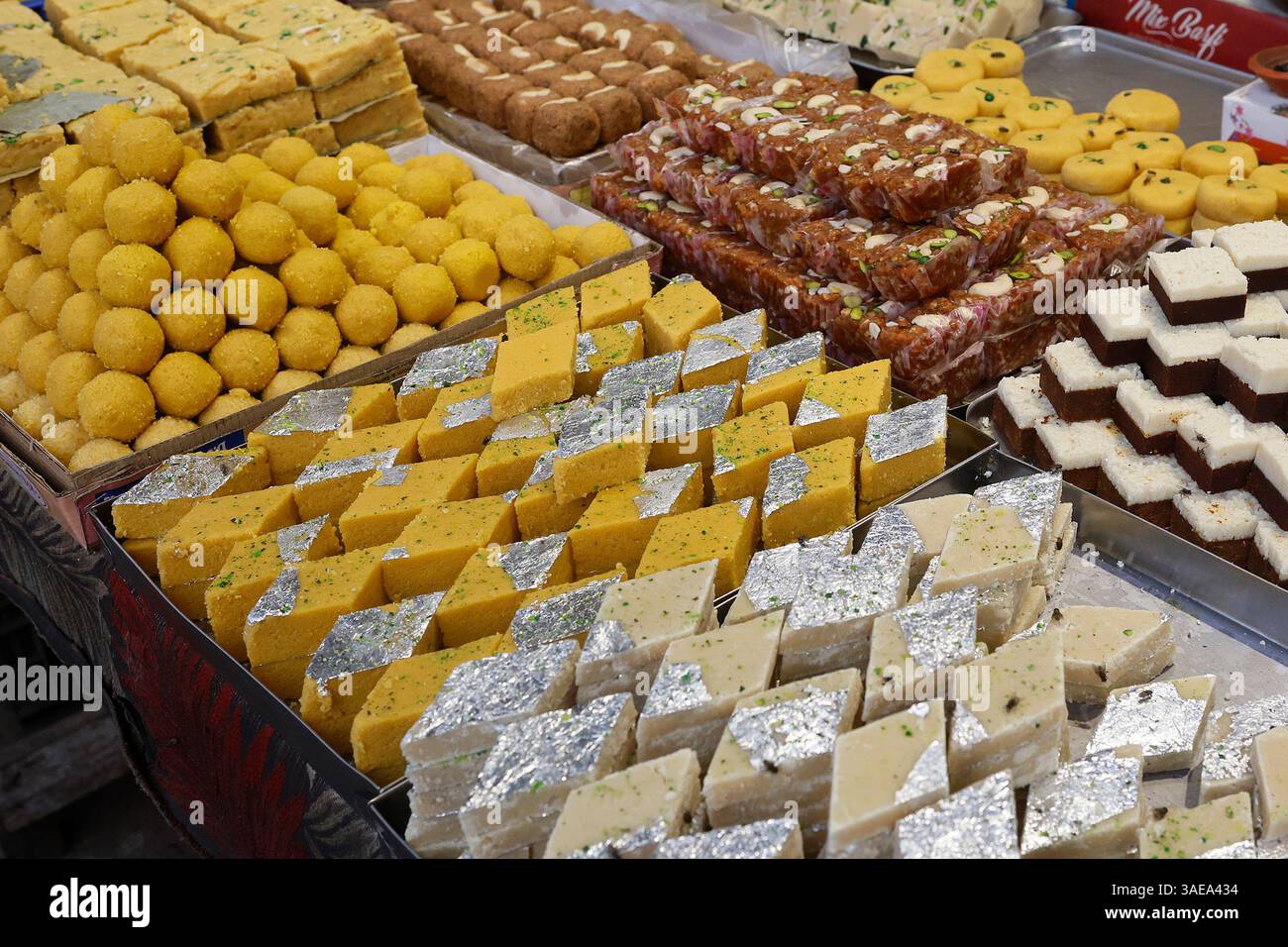 Sweets on display at a bakery in Kolkata, West Bengal, India Stock ...