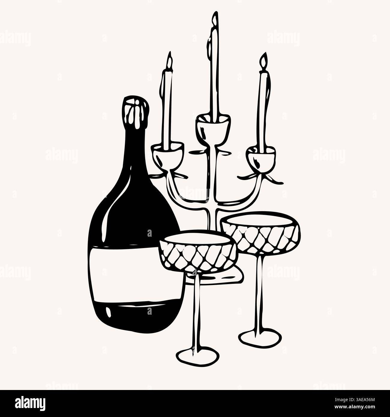Hand drawn dinner vector with wine bottle, glasses, candles. Vintage ...