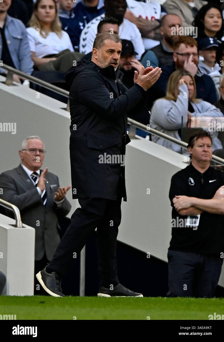 London, UK. 6th Apr, 2025. Ange Postecoglou (Spurs manager) applauds ...