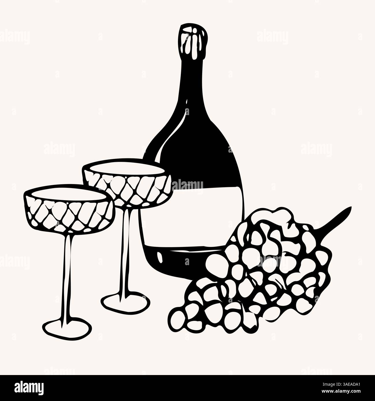 Hand drawn outline dinner vector composition with wine bottle, glasses ...
