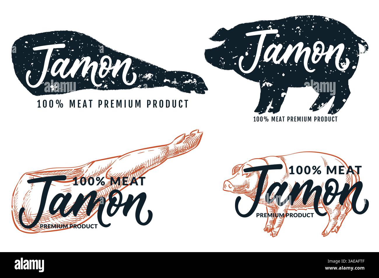 Delicious iberian pork leg and pig, labels signs set isolated on white ...