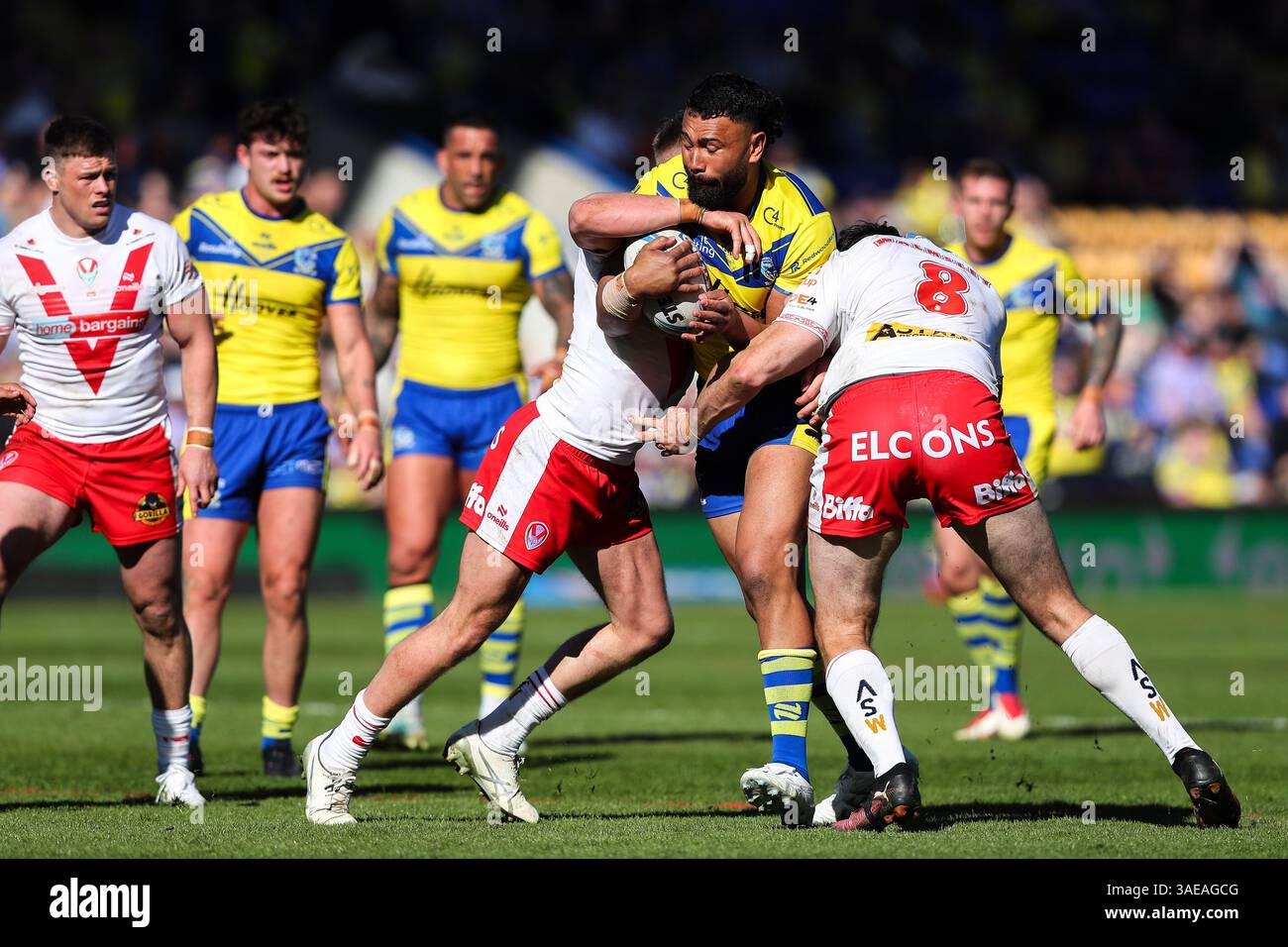 Warrington, UK. 06th Apr, 2025. Zane Musgrove of Warrington Wolves is ...