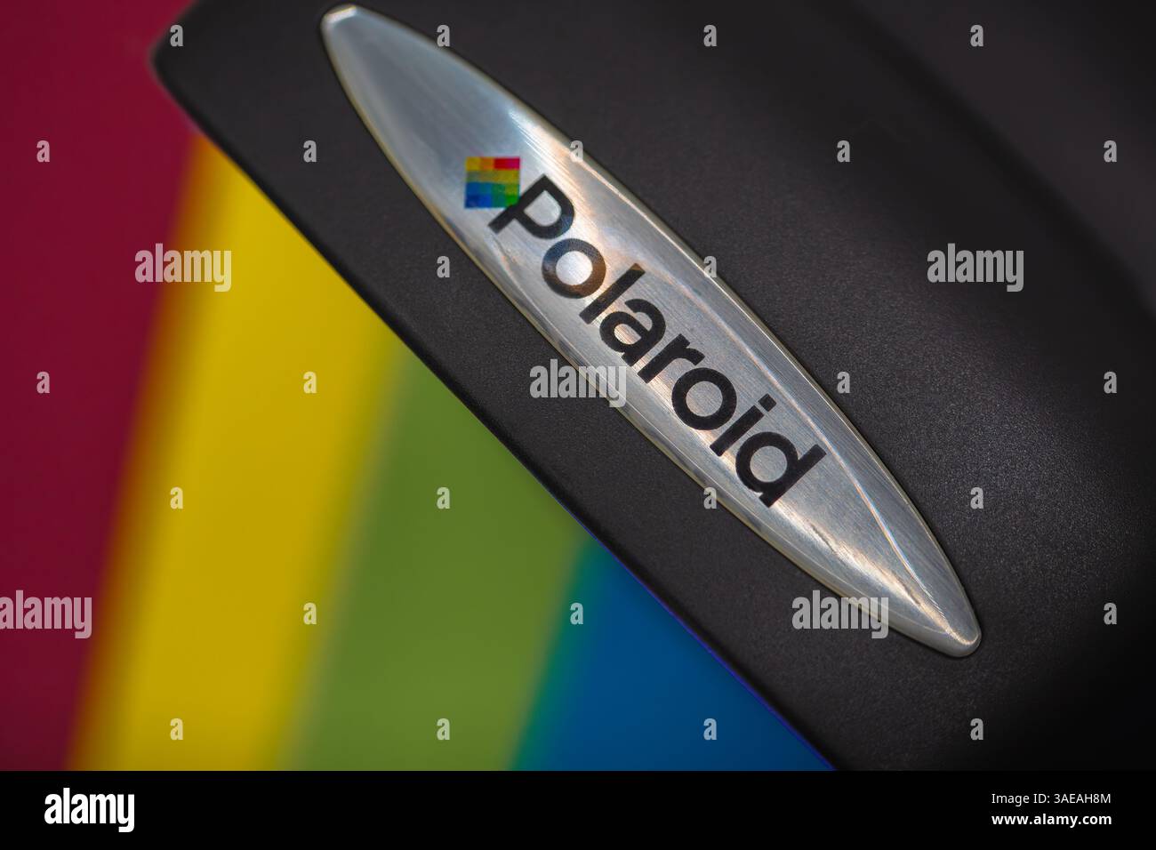 Mnichovo Hradiště, Czechia – March 30 2025: Macro close up of Polaroid logo, vintage retro ...