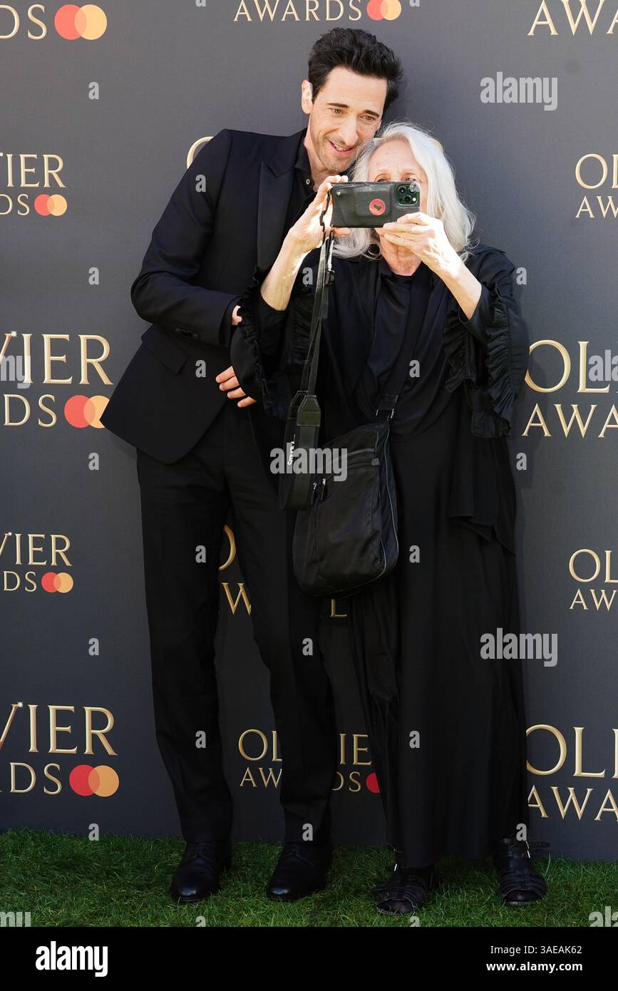 Adrien Brody with his mother, Sylvia Plachy, attending the 2025 Olivier ...