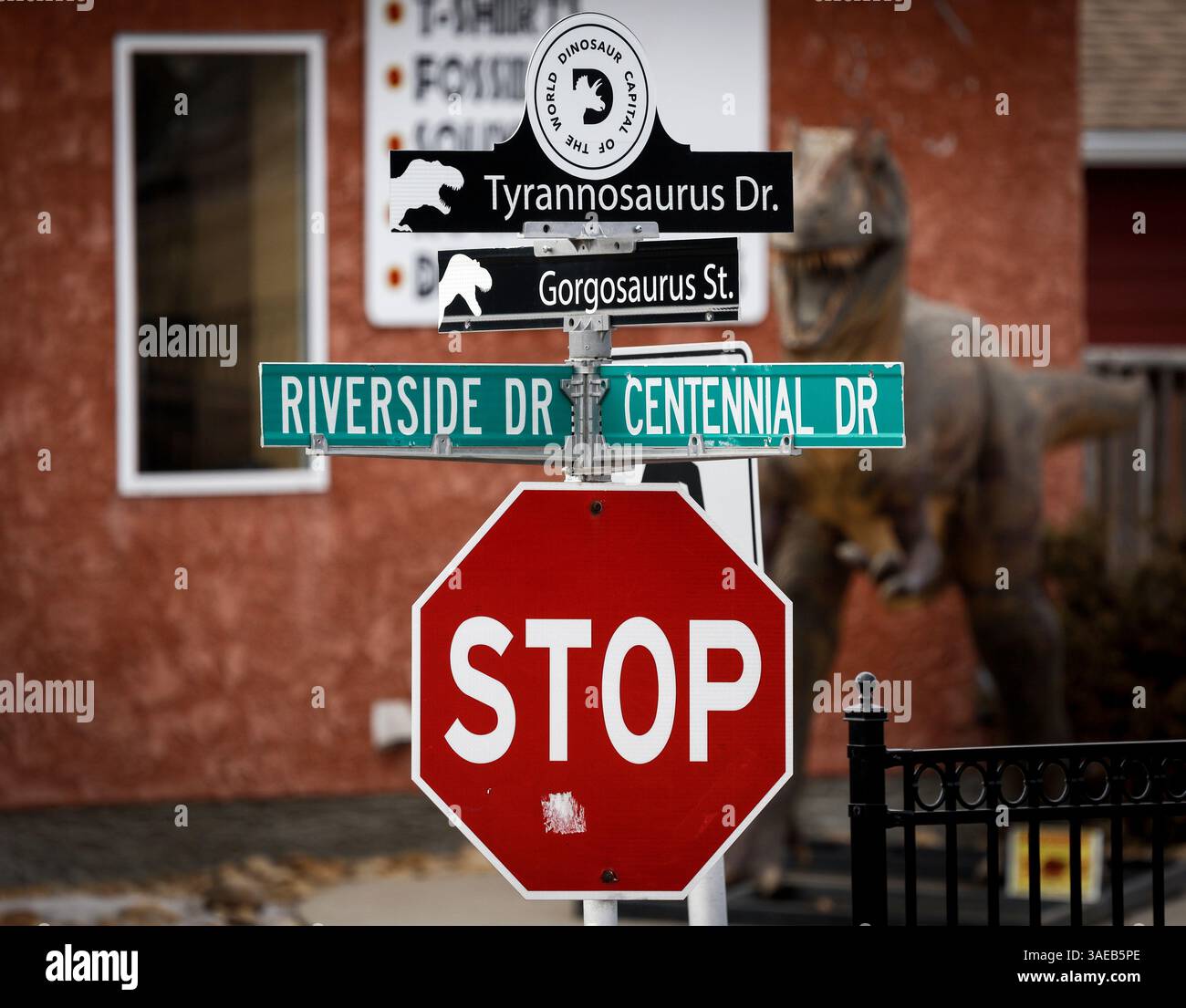 Drumheller, Canada. 01st Apr, 2025. Dinosaur themed road sign are ...