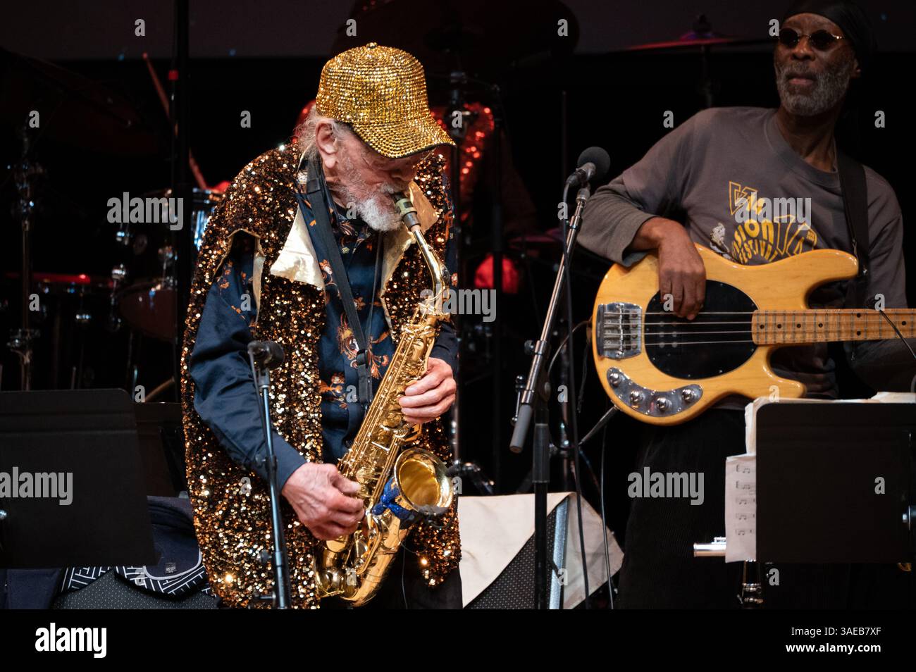 New York, USA, 5th April 2025. Jazz legend Marshall Allen, band leader ...