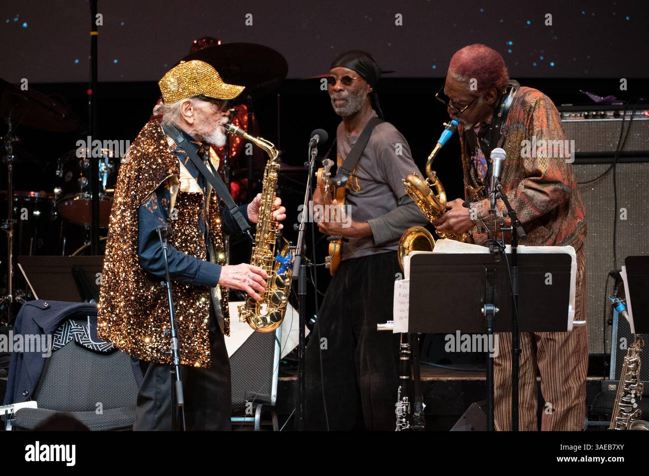New York, USA, 5th April 2025. Jazz legend Marshall Allen, band leader ...