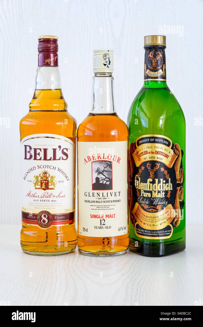 Bottles of Bell's, Aberlour and Glenfiddich Scotch Whisky, Scotland, UK ...
