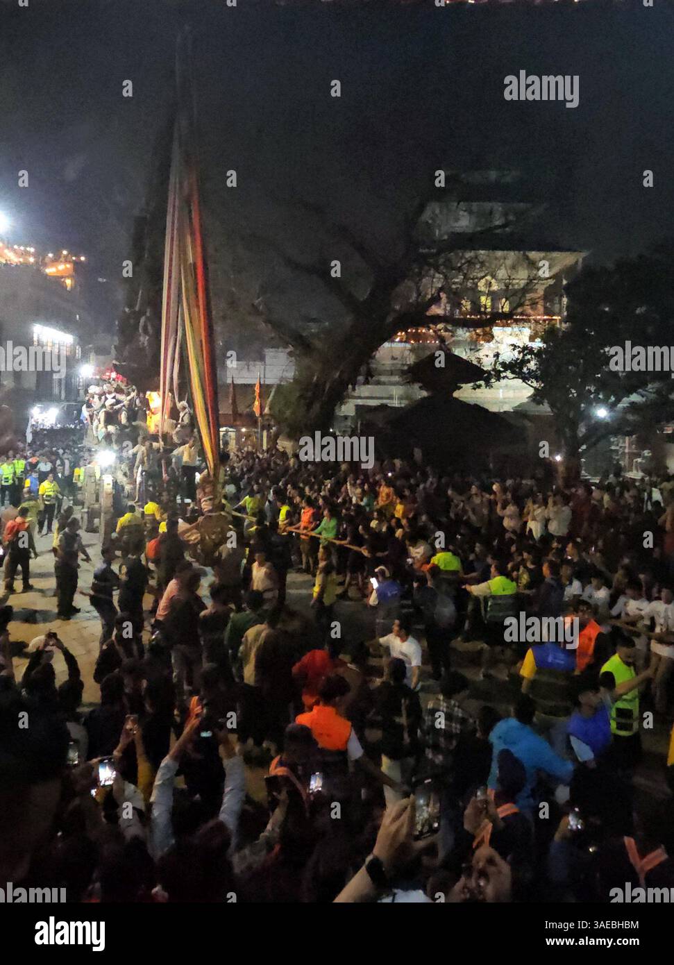 April 6, 2025: People pull the chariot of Seto Machhindranath from Ason ...