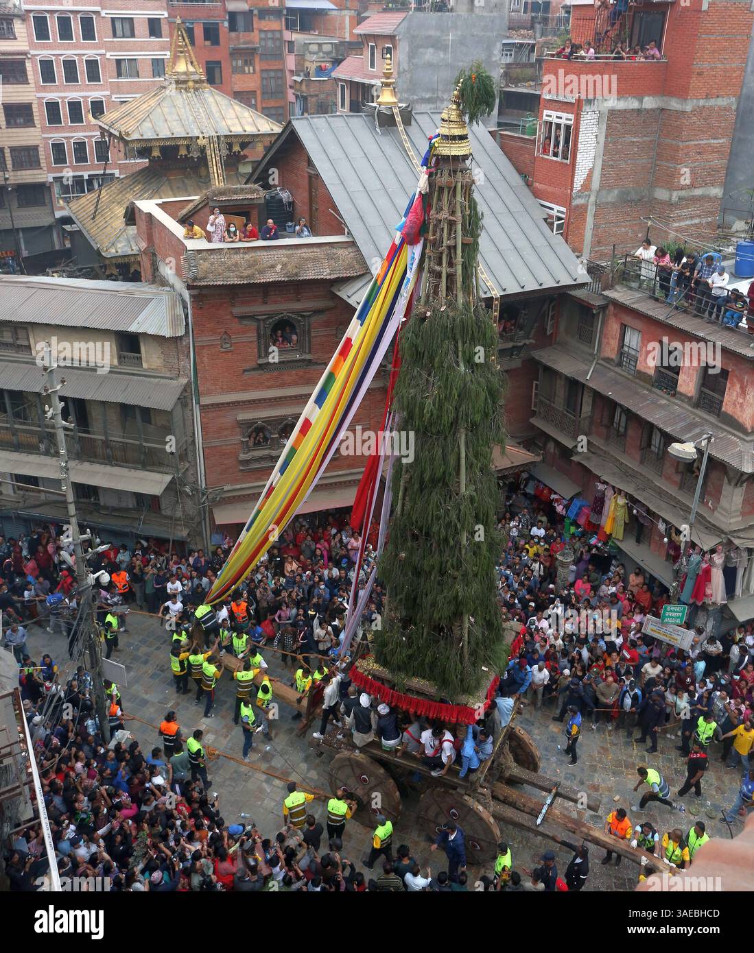 April 6, 2025: People pull the chariot of Seto Machhindranath from Ason ...
