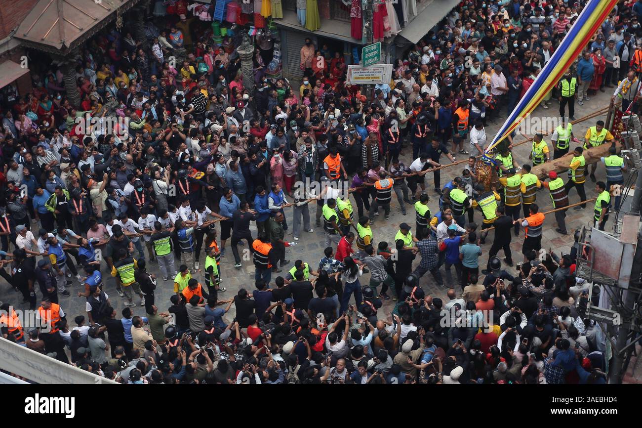 April 6, 2025: People pull the chariot of Seto Machhindranath from Ason ...