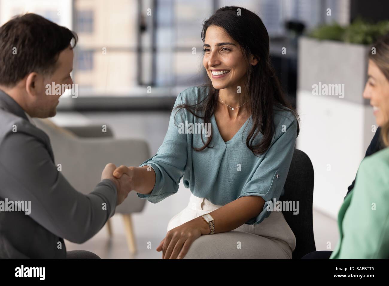 Positive successful business partners getting agreement and shaking ...