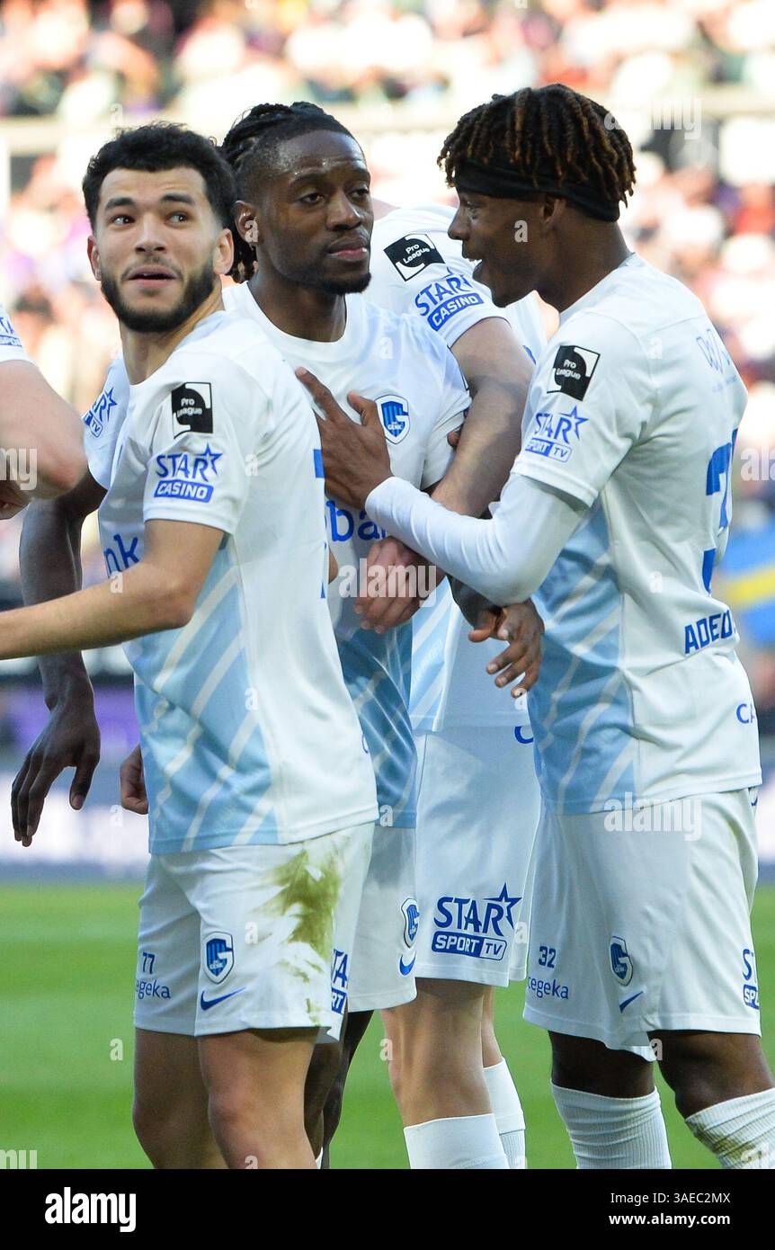 Brussels, Belgium. 06th Apr, 2025. Genk's Joris Kayembe celebrates ...