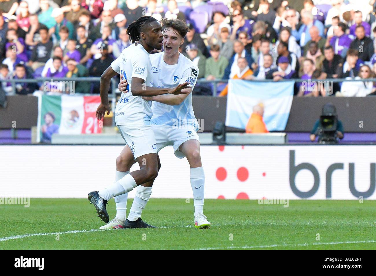 Brussels, Belgium. 06th Apr, 2025. Genk's Joris Kayembe celebrates ...