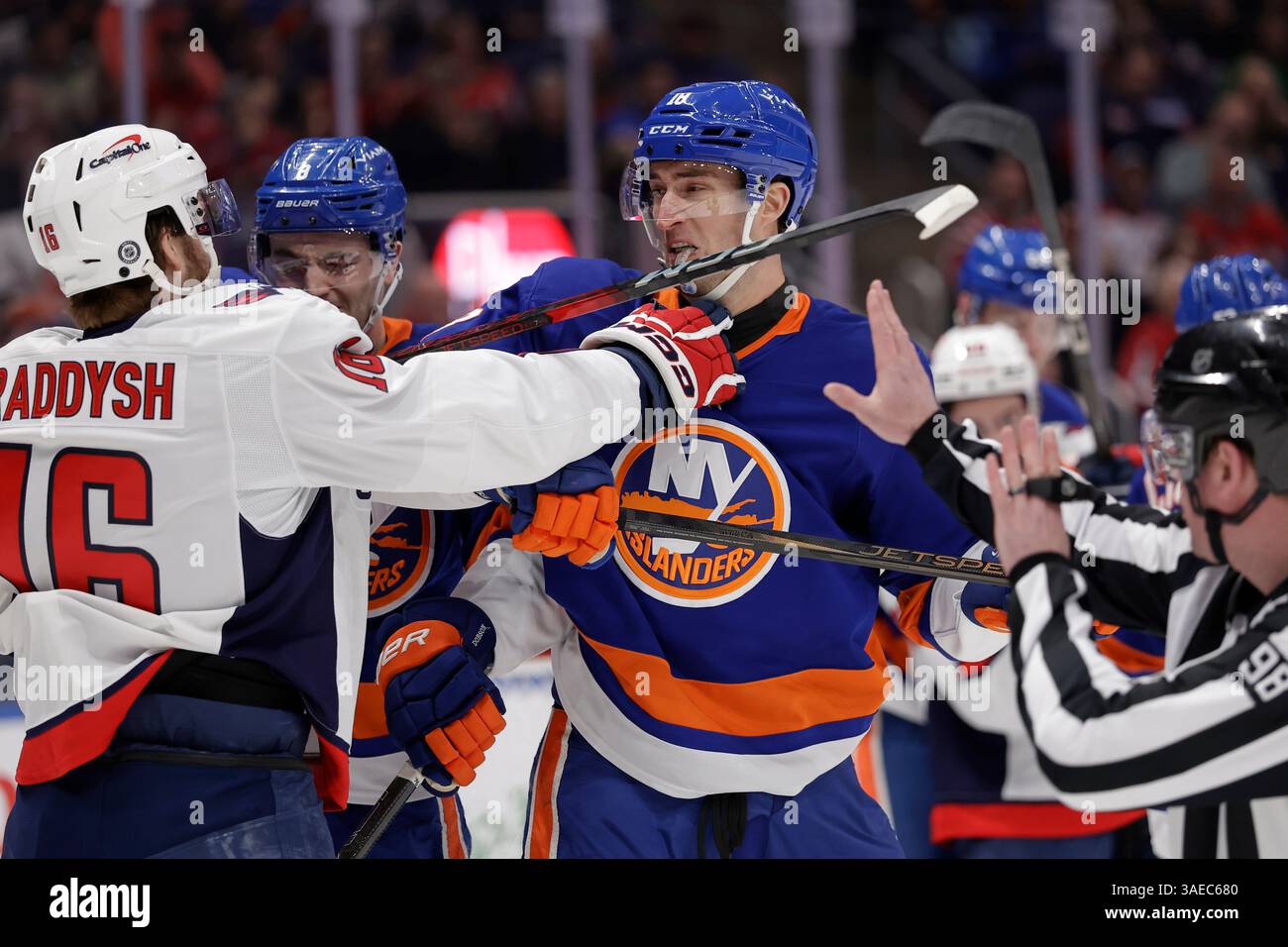 Washington Capitals right wing Taylor Raddysh (16) clashes with New ...