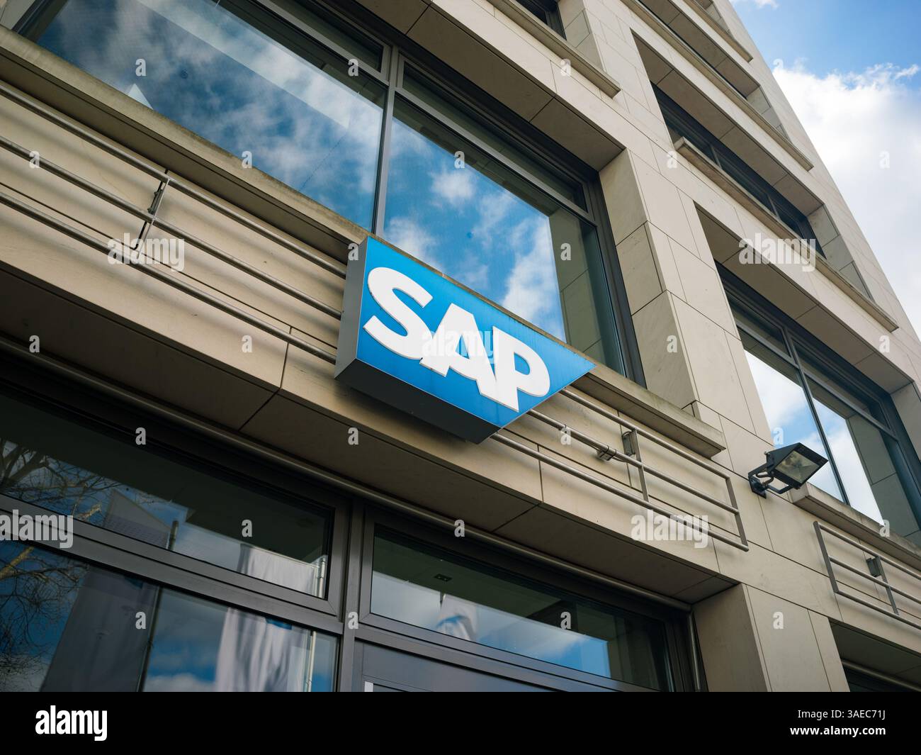 SAP logo sign on an office building exterior. German software and ...