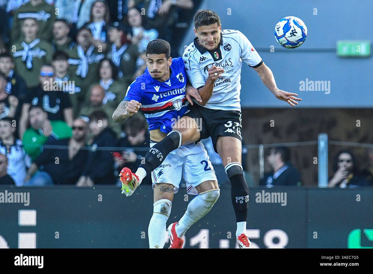 La Spezia, Italy. 06th Apr, 2025. header of Ales Mateju (Spezia ...