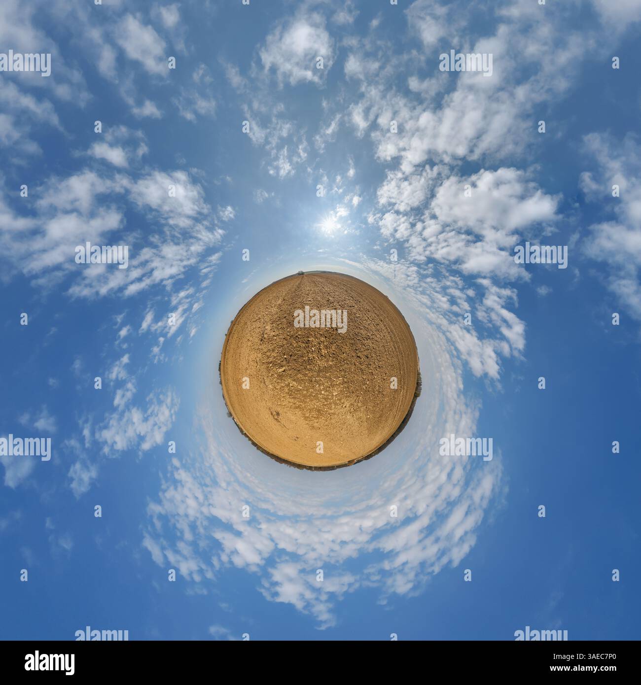 simple little tiny planet without buildings in blue sky with sun and ...