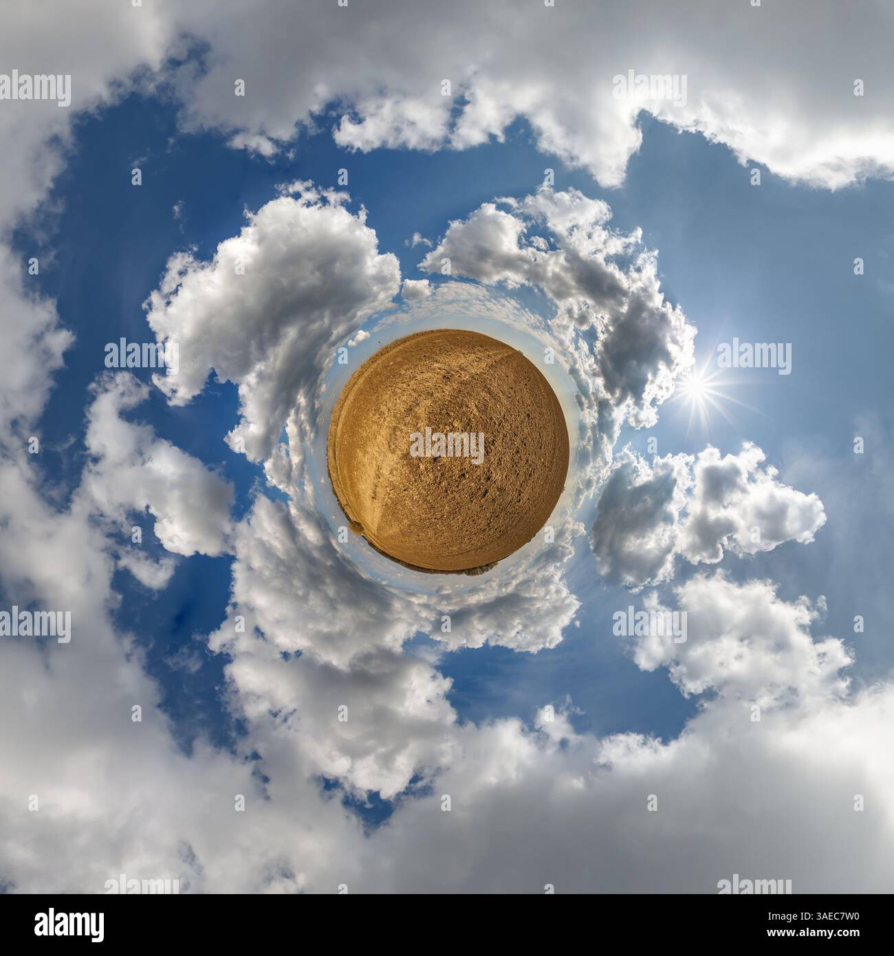 simple little tiny planet without buildings in blue sky with sun and ...