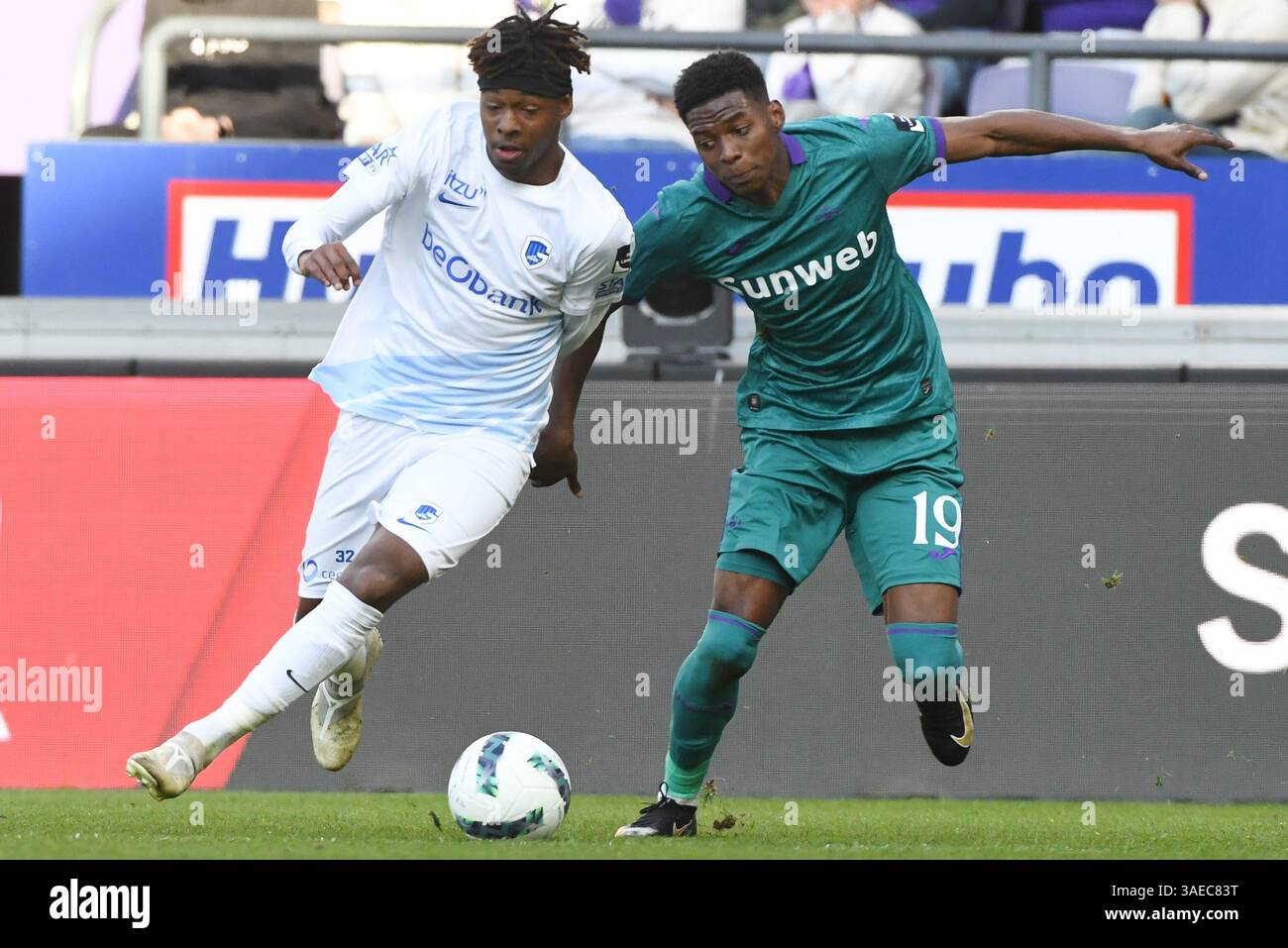Brussels, Belgium. 06th Apr, 2025. Genk's Noah Adedeji-Sternberg and ...