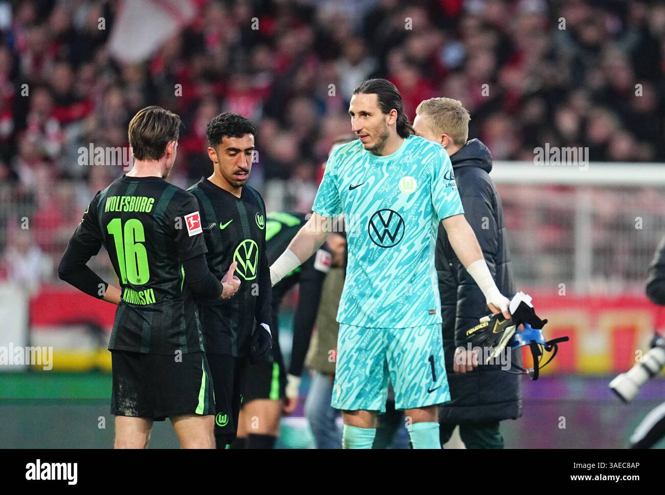 April 06 2025: Kamil Grabara of VfL Wolfsburg gestures during a 1 ...