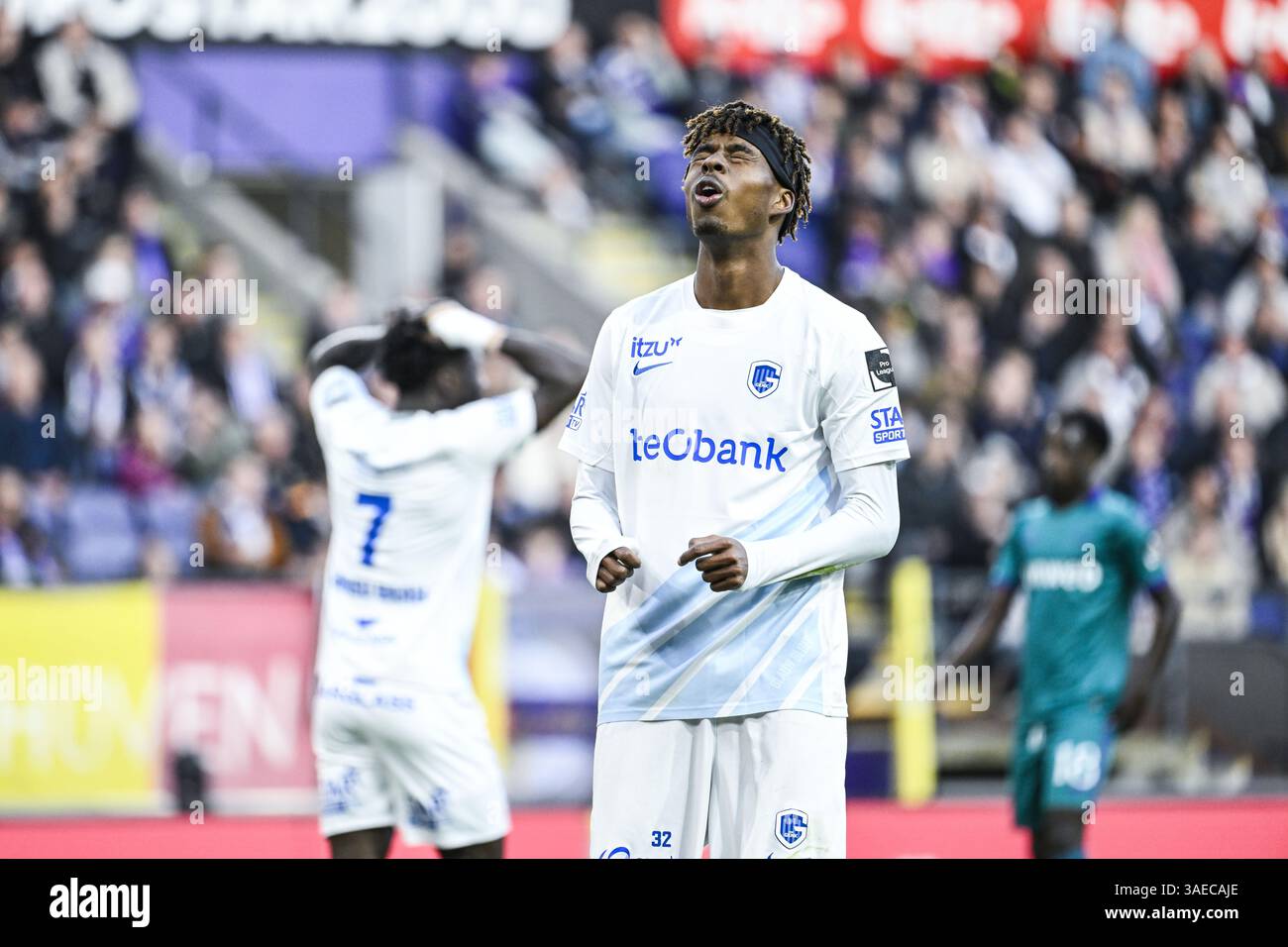 Brussels, Belgium. 06th Apr, 2025. Genk's Noah Adedeji-Sternberg reacts ...