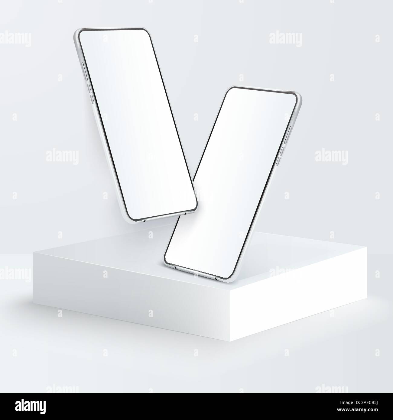Two white realistic smartphone mockup on square podium. 3d mobile ...