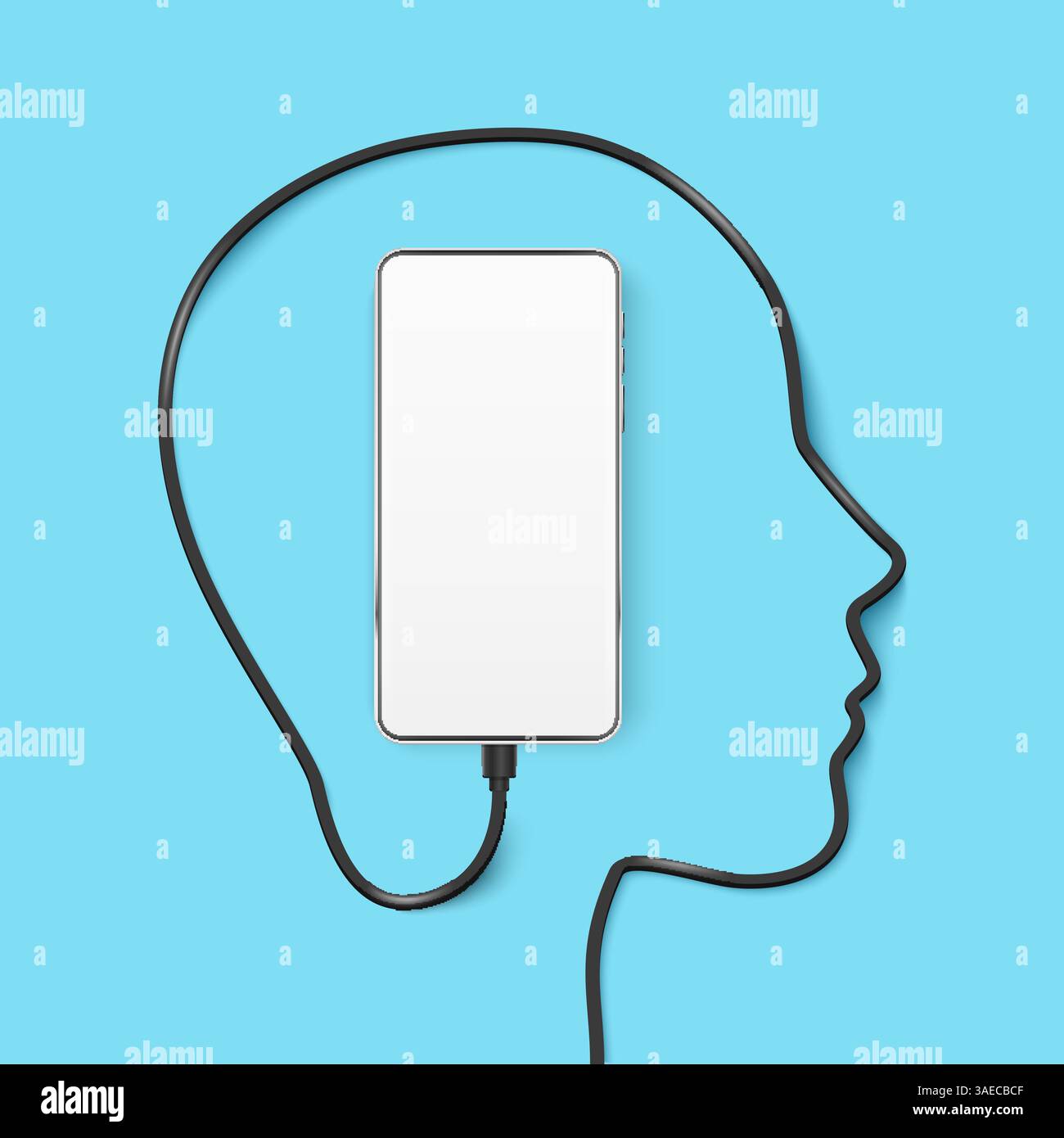 Silhouette of a human head from a cable with a connected mobile phone ...