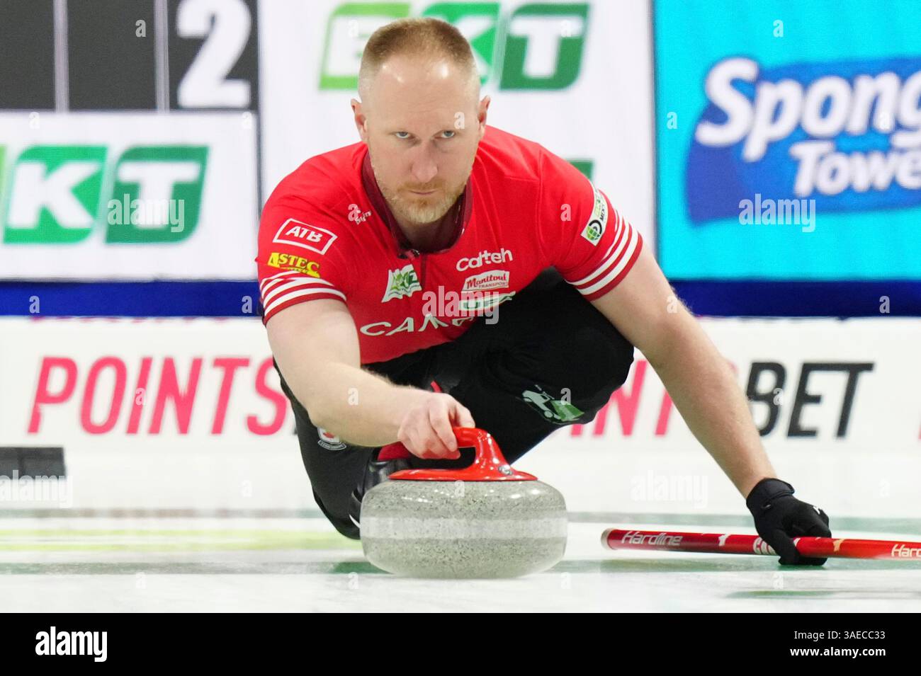 Canada's skip Ben Hebert throws the final stone of their World Men's ...
