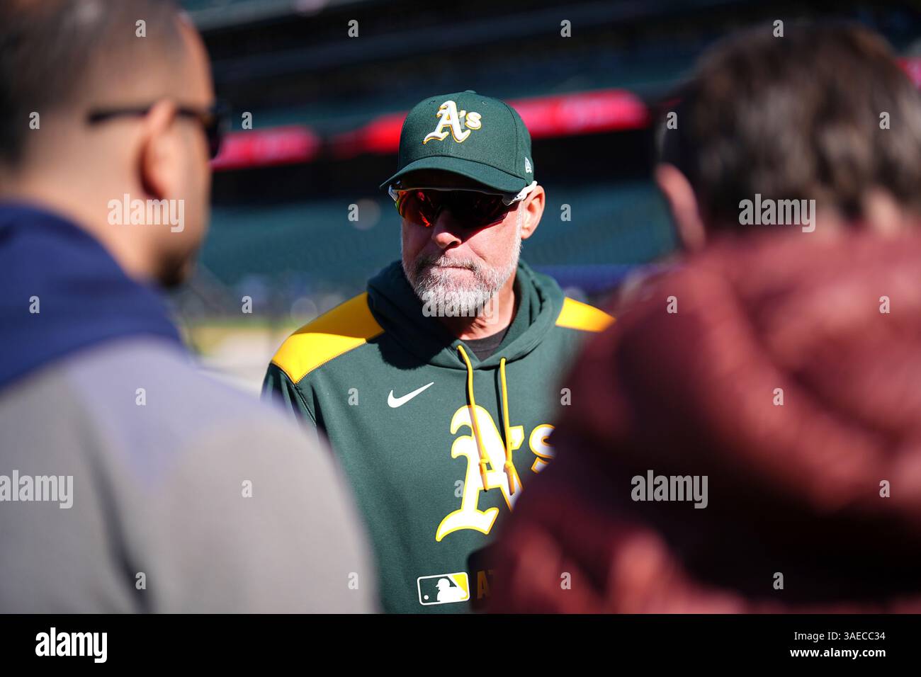 Oakland Athletics manager Mark Kotsay chats with reporters before a ...