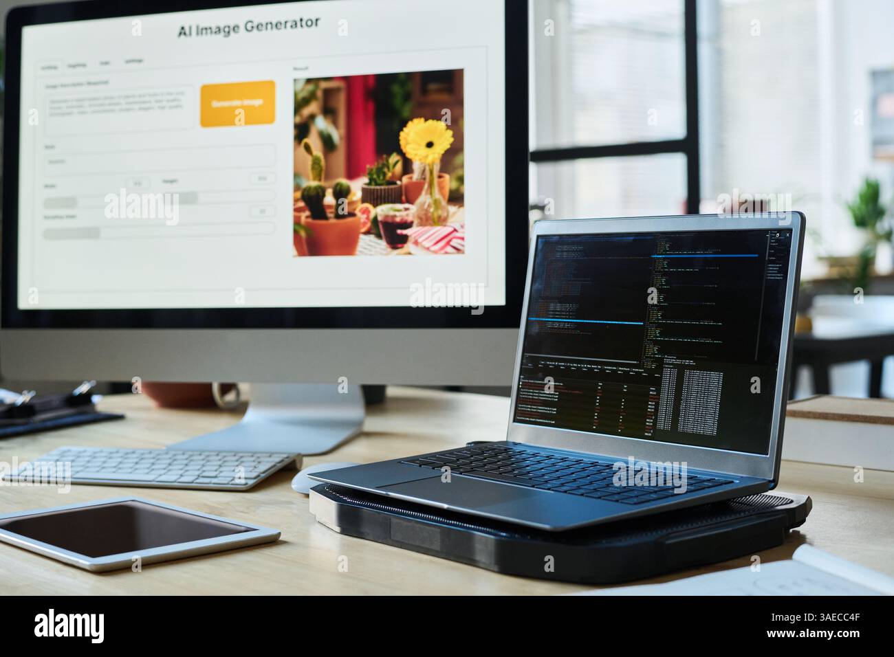 Screen of laptop with coded data and tablet standing next to computer ...