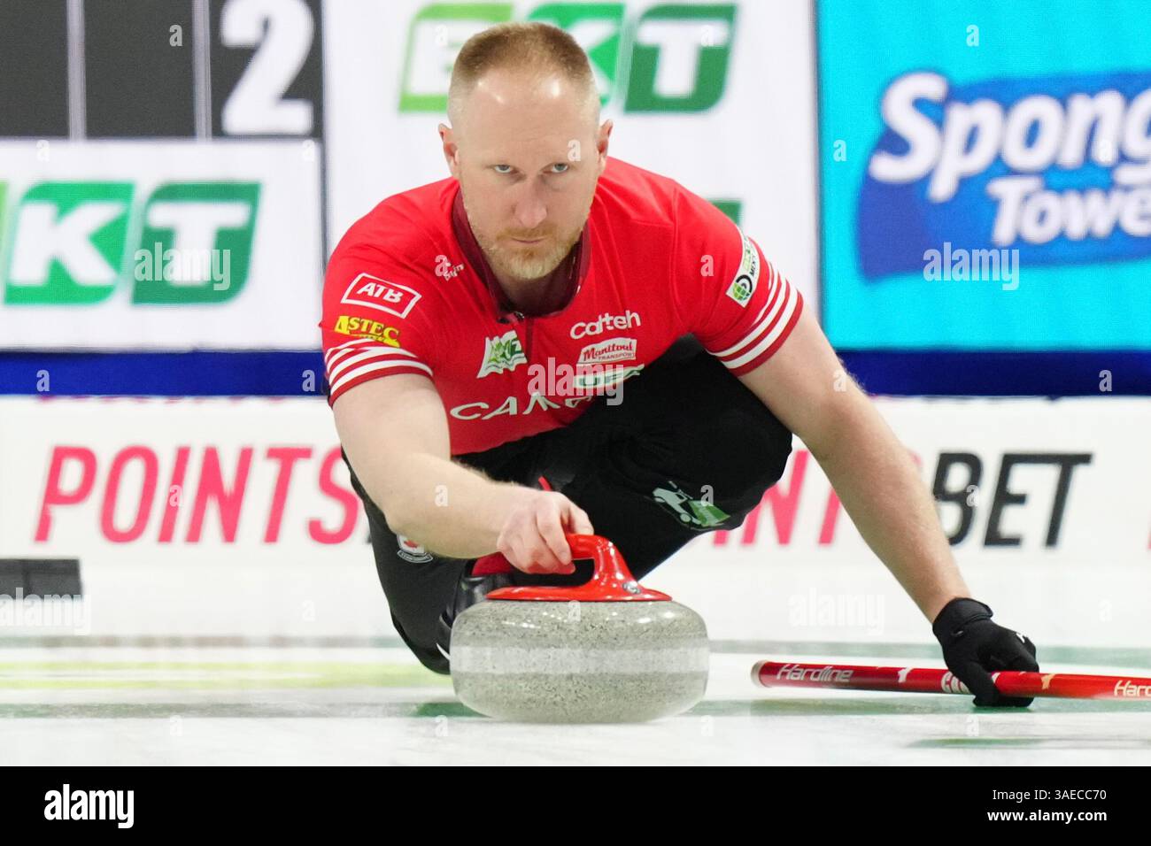 Moose Jaw, Can. 06th Apr, 2025. Canada's skip Ben Hebert throws the ...
