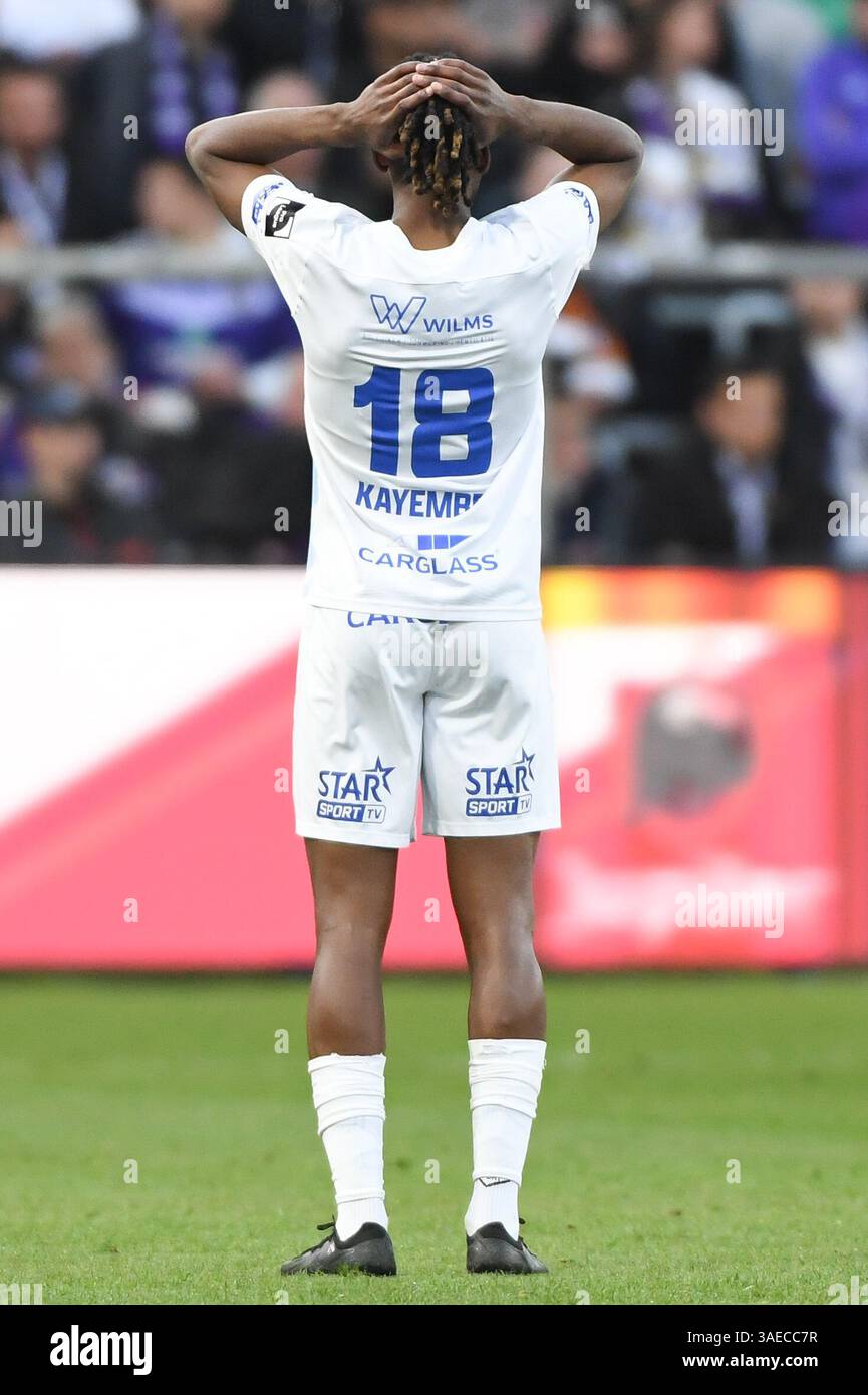 Brussels, Belgium. 06th Apr, 2025. Genk's Joris Kayembe looks dejected during a soccer match ...